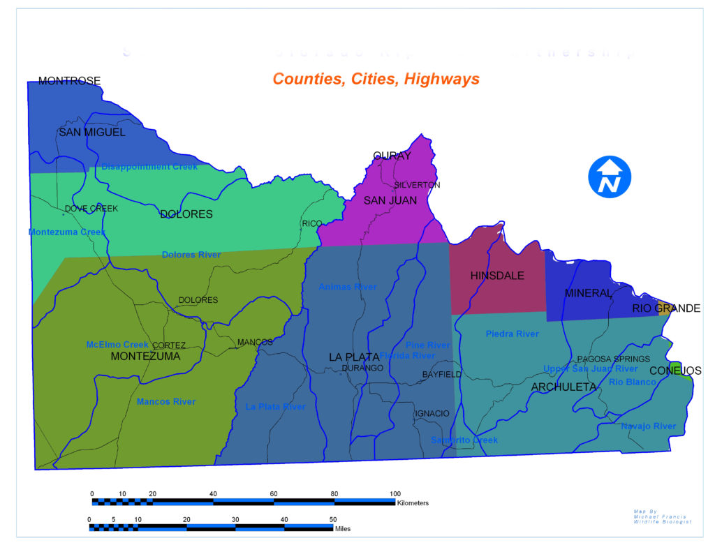 Cities, counties, highways - Southwest Colorado Wetlands